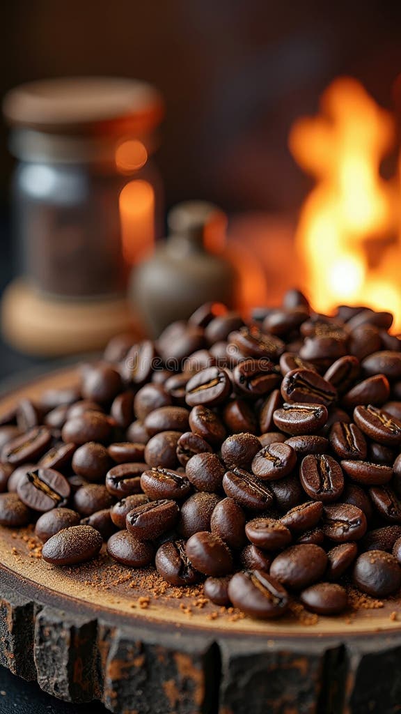 Roasted Coffee Beans on Wooden Board with Warm Fire Backdrop Stock ...