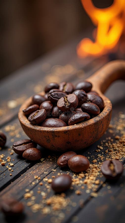 Roasted Coffee Beans on Wooden Spoon with Fire in Background Stock ...