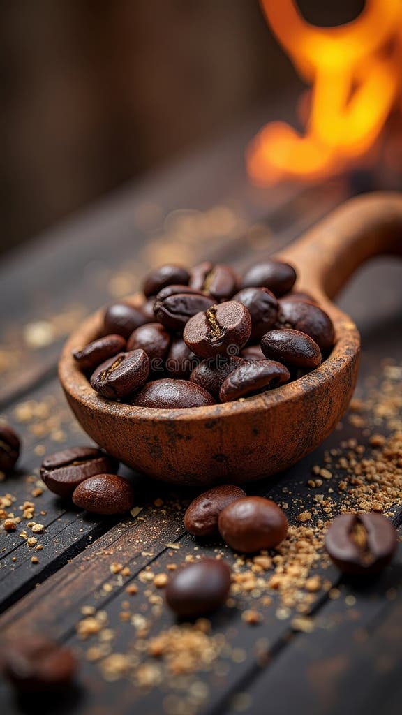 Roasted Coffee Beans on Wooden Spoon with Fire in Background Stock ...