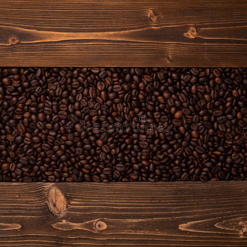 Roasted Coffee Beans and Wooden Texture. Top View Brown Coffee Beans ...