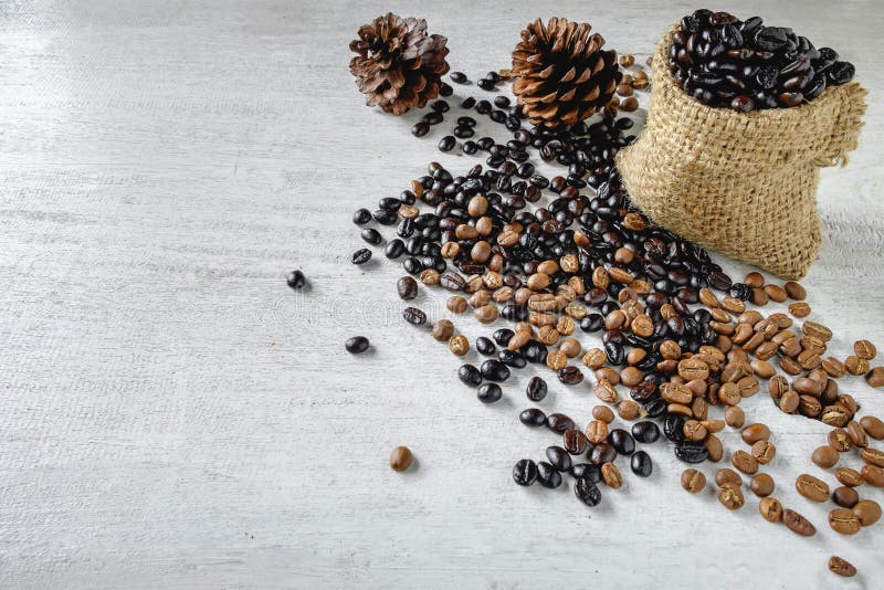 Roasted coffee in a sack stock image. Image of concept - 126797731