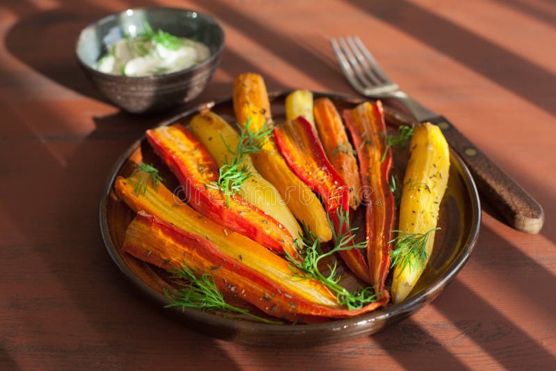 Roasted Colorful Carrots on Plate Stock Image - Image of sauce, organic ...