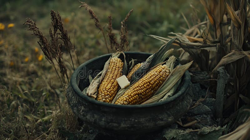 Roasted Corn on the Cob in Rustic Pot Outdoors Stock Photo - Image of ...