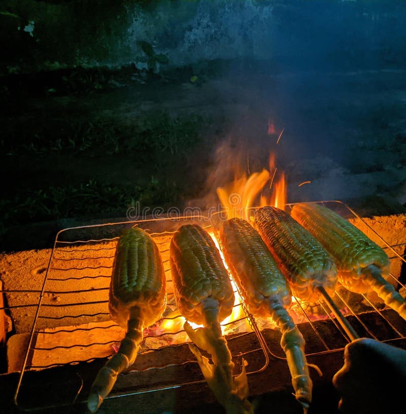 Roasted Corn with Fire in the Dark Stock Photo - Image of roasted, fire ...