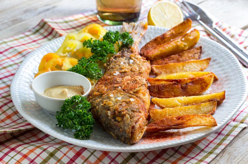 Crispy Fish with Potatoes Chips Stock Image - Image of lunch, homemade ...