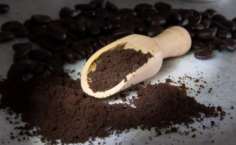 Roasted Dark Beans Coffee and Powder Ground Coffee Stock Photo - Image ...
