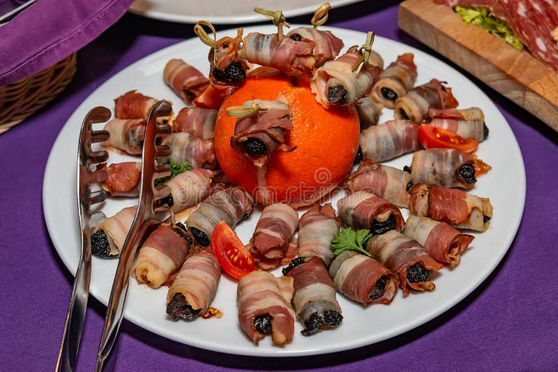Roasted Dried Plums Wrapped in Bacon Stock Image - Image of horizontal ...