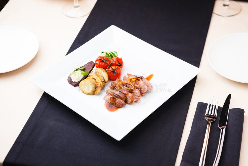 Roasted duck with pear stock image. Image of grilled - 101159265