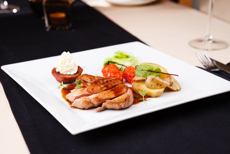 Roasted duck with pear stock photo. Image of lunch, duck - 101164790