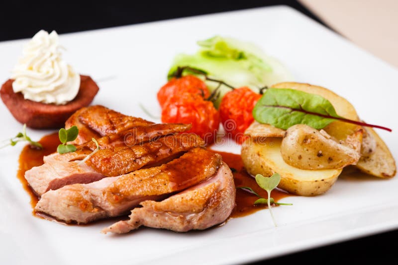Roasted duck with pear stock photo. Image of gourmet - 101158218
