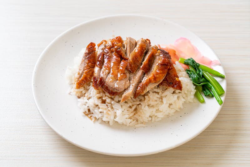 Roasted duck on rice stock photo. Image of style, broccoli - 214598624