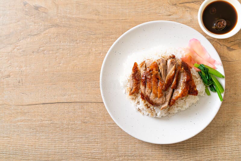 Roasted duck on rice stock image. Image of style, sauce - 217599059