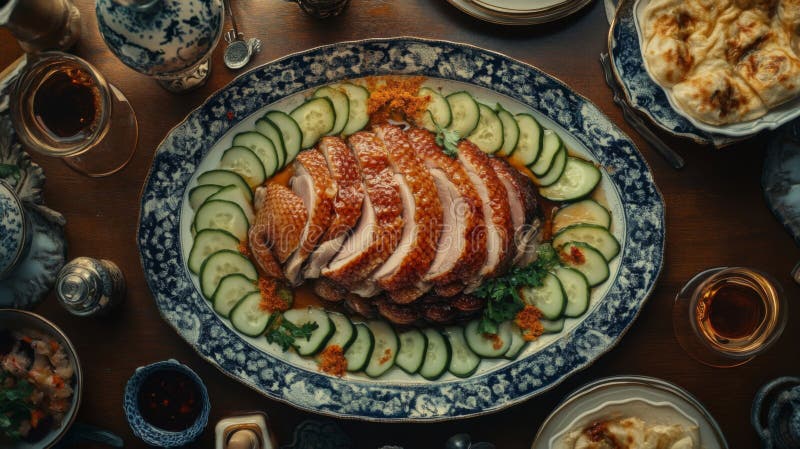Roasted Duck Slices Served with Cucumber Garnish Stock Illustration ...