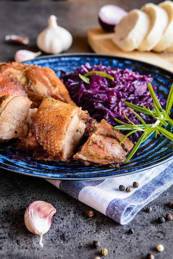 Roasted Duck With Stewed Red Cabbage And Dumplings Stock Photo - Image ...