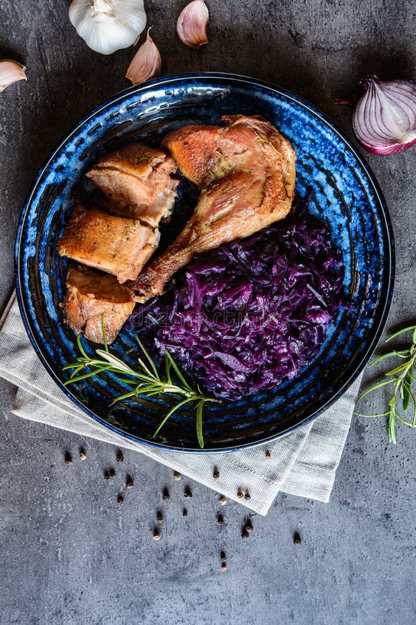 Roasted Duck with Stewed Red Cabbage and Dumplings Stock Image - Image ...