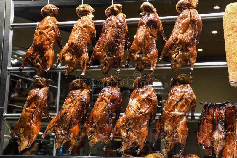 Roasted Ducks Hanging on Rack Showcase Stock Image - Image of hong ...