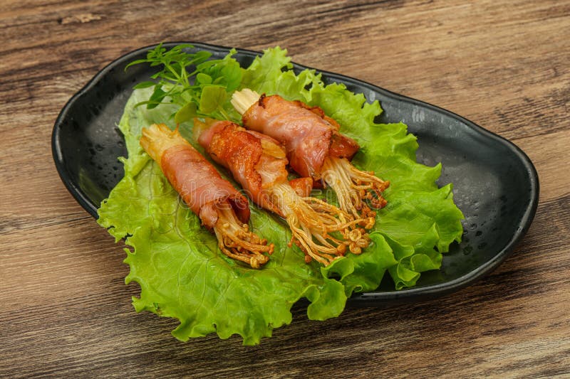 Roasted Enoki Mushrooms with Bacon Stock Image - Image of roasted, food ...