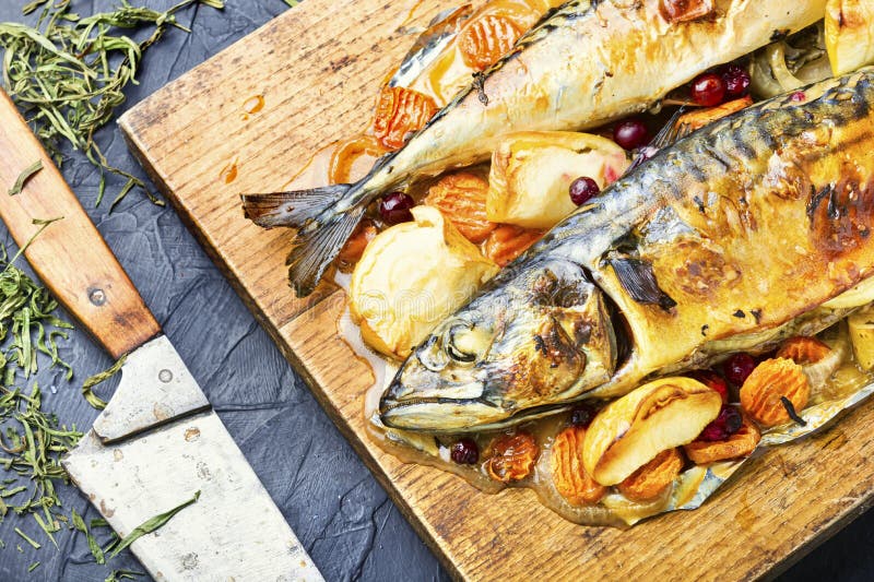 Roasted fish with apple stock image. Image of fried - 203181219