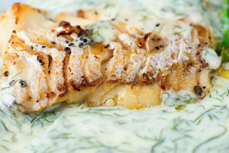 Roasted Fish Cod in Dill Sauce. Stock Image - Image of grill, cook ...