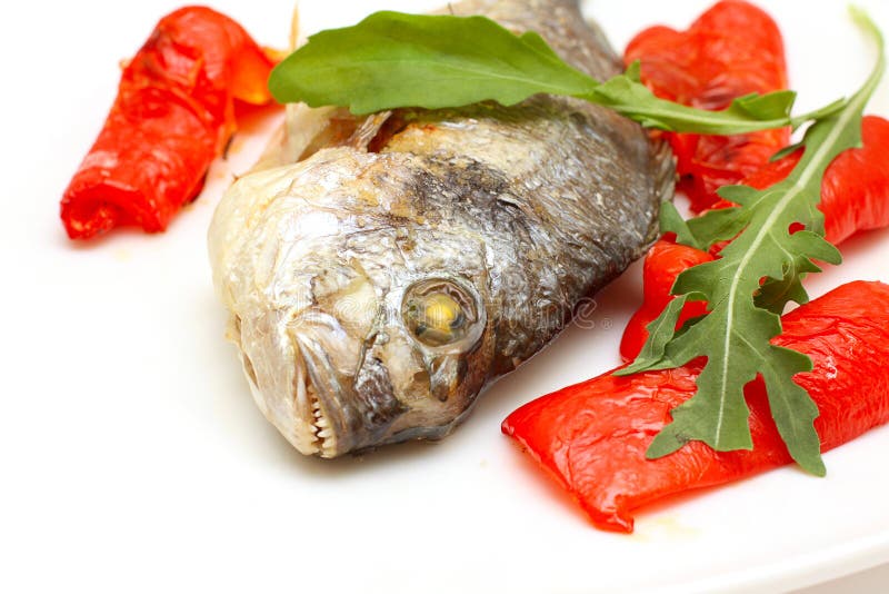 Roasted fish with garnish stock photo. Image of meal - 16538674