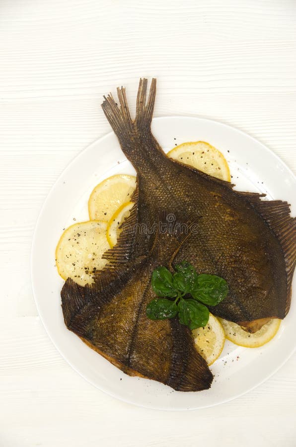 Roasted Fish Sole Round White Plate Basil Stock Photo - Image of ...