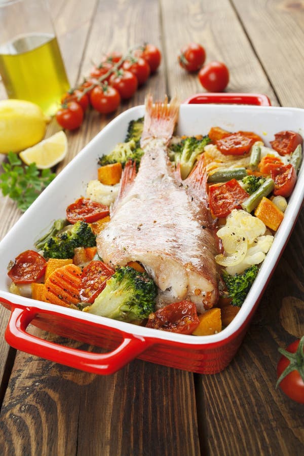 Roasted Fish with Vegetables Stock Photo - Image of cookery, redfish ...