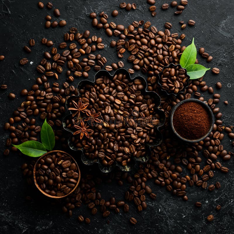 Roasted Fragrant Coffee Beans on a Black Stone Background. Top View ...