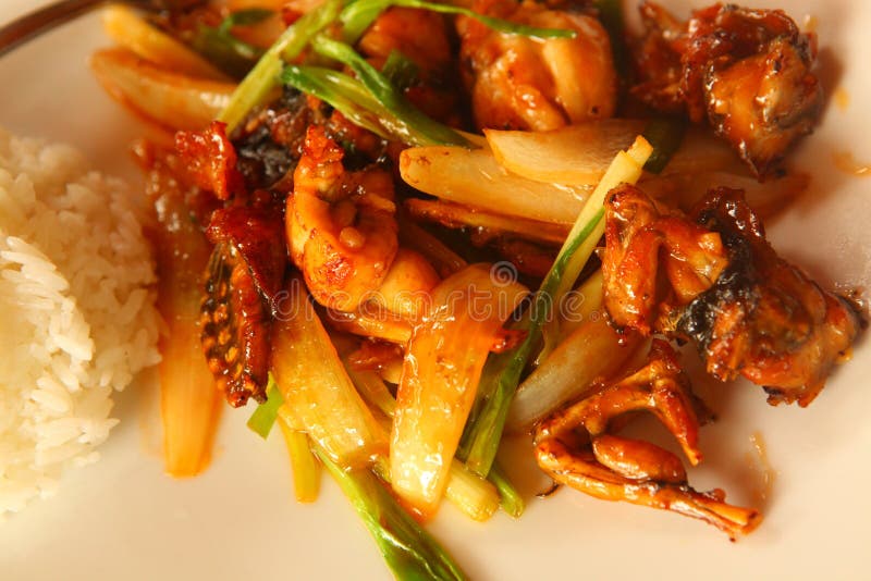Roasted Frog Legs with Vegetables and Rice Stock Image - Image of ...