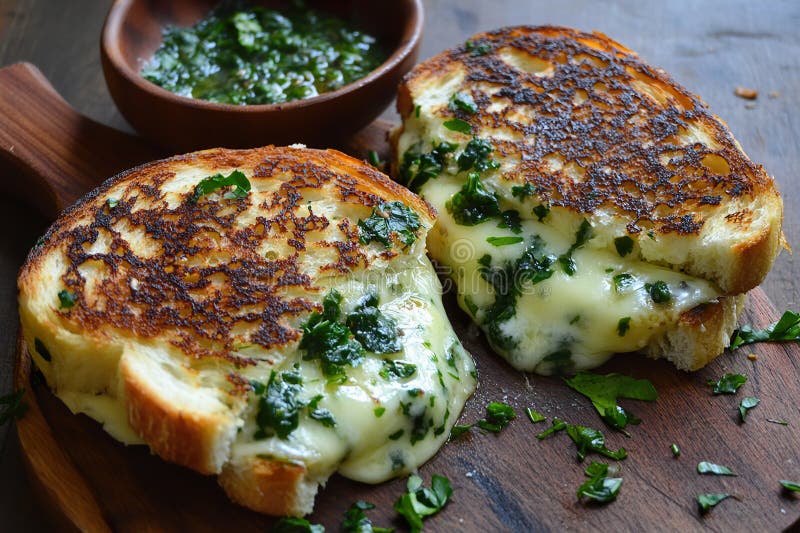 Roasted Garlic Grilled Cheese with Fresh Herbs on Rustic Wooden Board ...