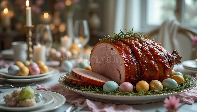 Roasted Glazed Ham with Easter Eggs on Festive Table Setting Stock ...