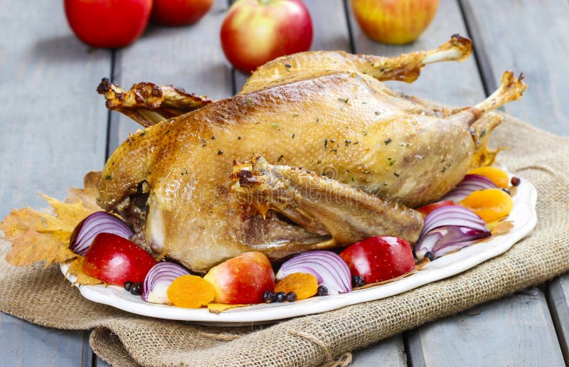 The Christmas Baked Goose with Apples Stock Photo - Image of apple ...