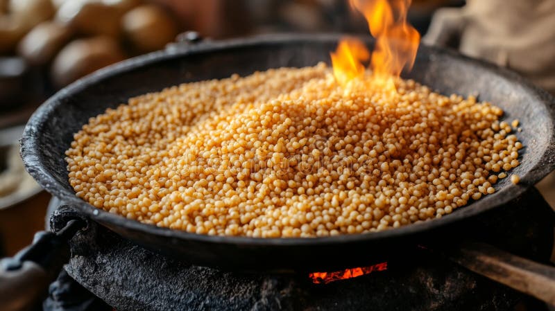Roasted Grains Cooking Over Open Fire in Pan Stock Illustration ...