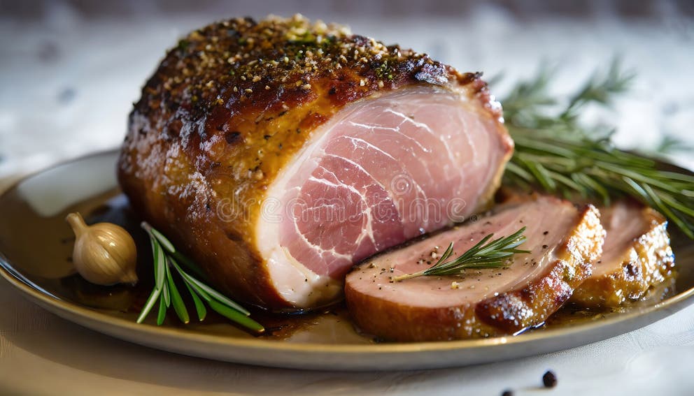 Roasted Ham Garnished with Rosemary and Garlic Served on a Plate in a ...