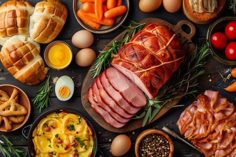 Roasted Ham with Side Dishes on Rustic Wooden Table Stock Image - Image ...