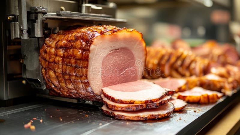 Roasted Ham Slices Being Cut by Machine Stock Illustration ...
