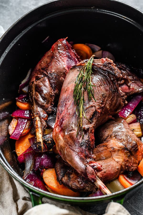 Roasted Hare Haunches in Stewpot with Stewed Vegetables. Cooking Stew ...