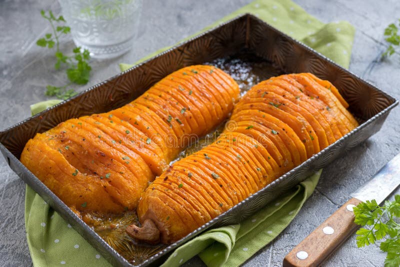 Roasted Hasselback Butternut Squash Pumpkin Stock Image - Image of ...