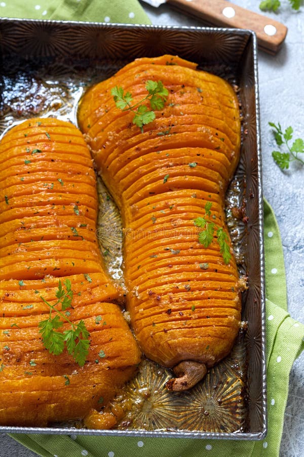 Roasted Hasselback Butternut Squash Pumpkin Stock Image - Image of ...