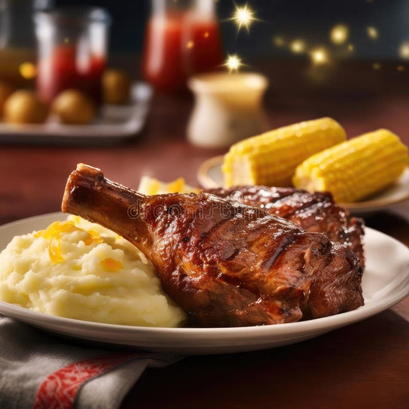 Roasted Lamb Chops with Mashed Potatoes and Corn on a White Plate Stock ...