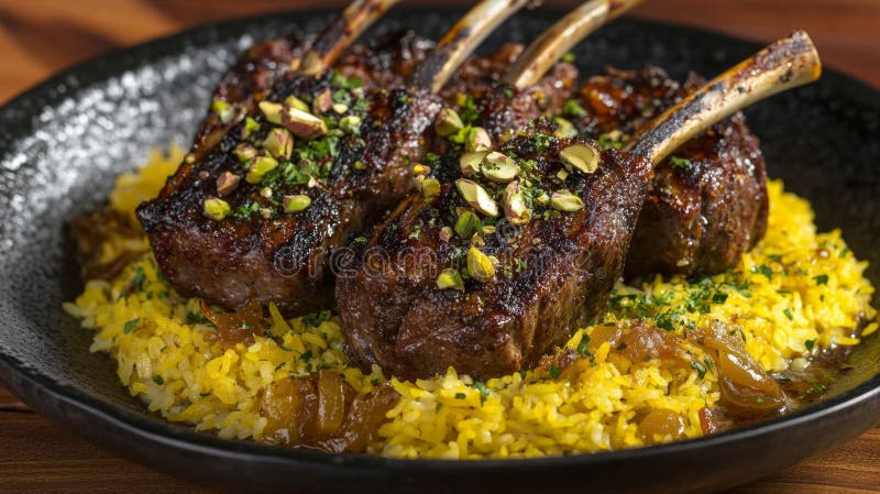 Roasted Lamb Chops with Pistachios and Yellow Rice Stock Illustration ...