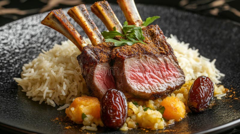 Roasted Lamb Chops with Rice and Dates Stock Illustration ...