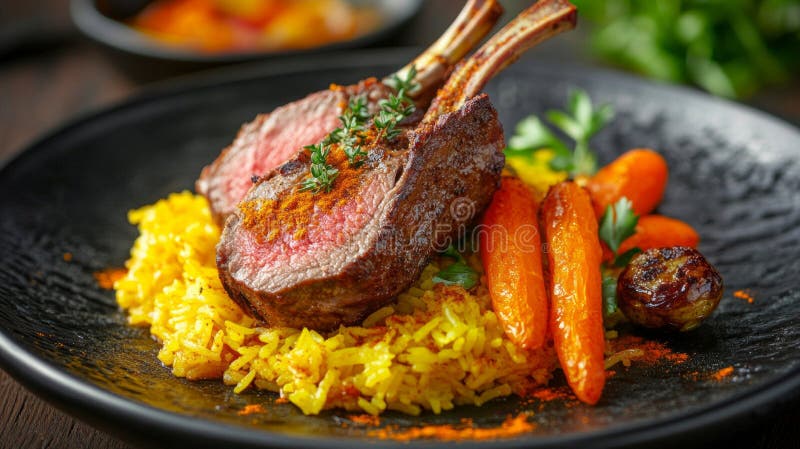 Roasted Lamb Chops with Saffron Rice and Roasted Carrots Stock ...