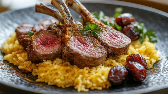 Roasted Lamb Chops with Saffron Rice and Dates Stock Illustration ...
