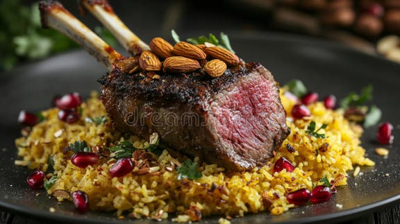Roasted Lamb Chops with Saffron Rice and Pomegranate Stock Illustration ...
