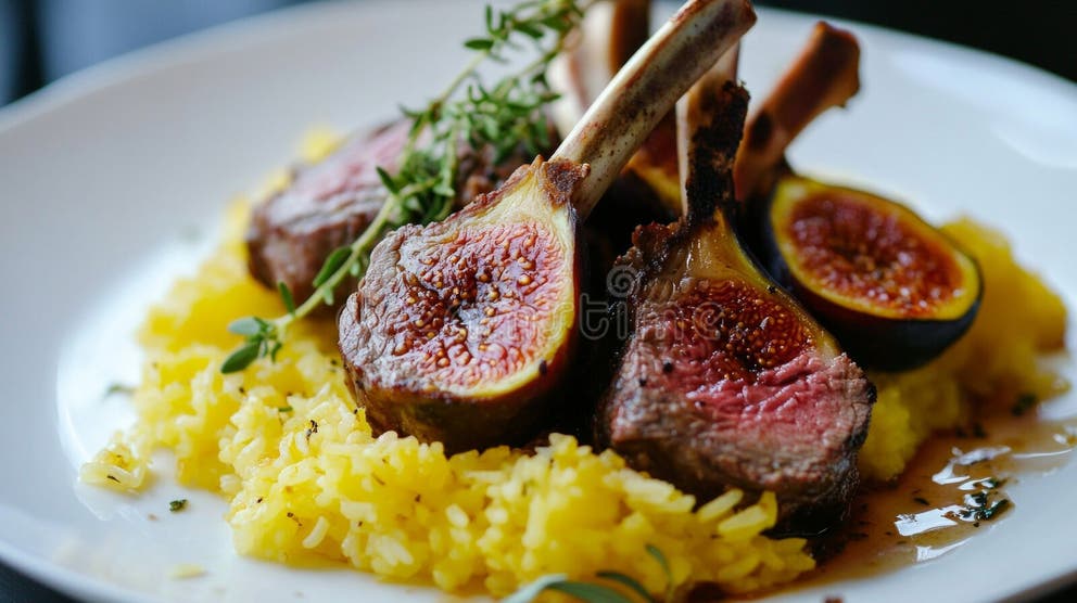 Roasted Lamb Chops with Saffron Risotto and Figs Stock Illustration - Illustration of cooking ...