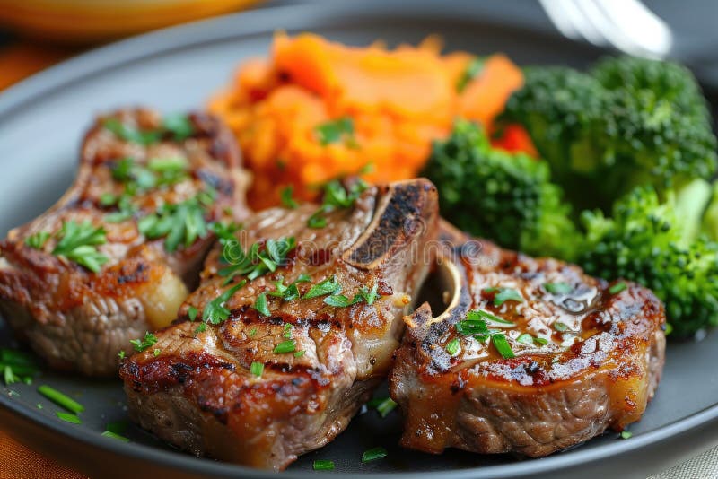 Roasted Lamb Chops with a Side of Mashed Sweet Potato and Steamed ...