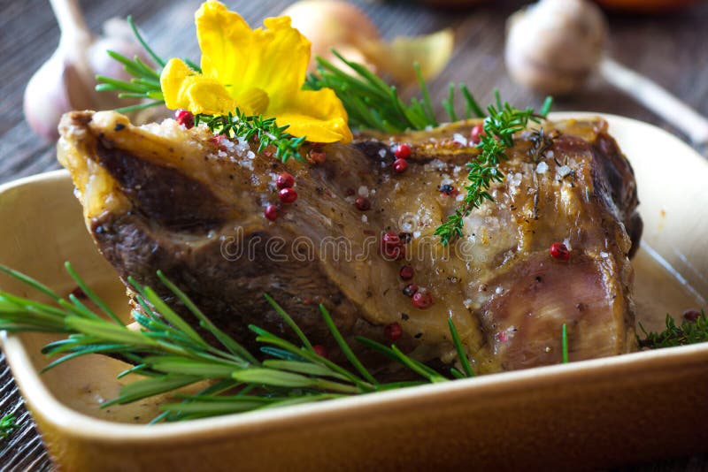Roasted lamb leg stock photo. Image of beef, quince, closeup - 60677570