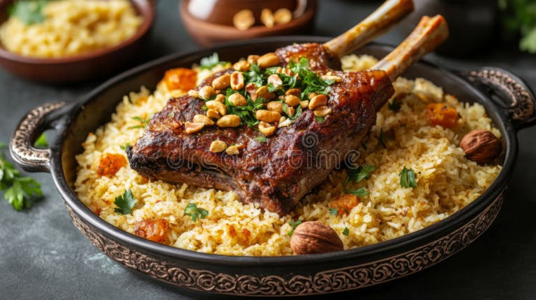 Roasted Lamb Shank Served Over Saffron Rice with Nuts Stock ...