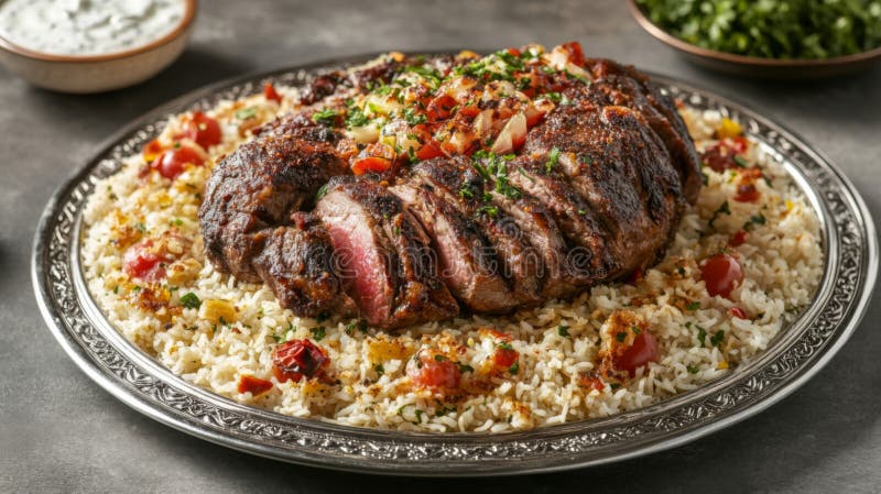 Roasted Lamb Slices Served Over Rice Pilaf with Tomatoes Stock ...