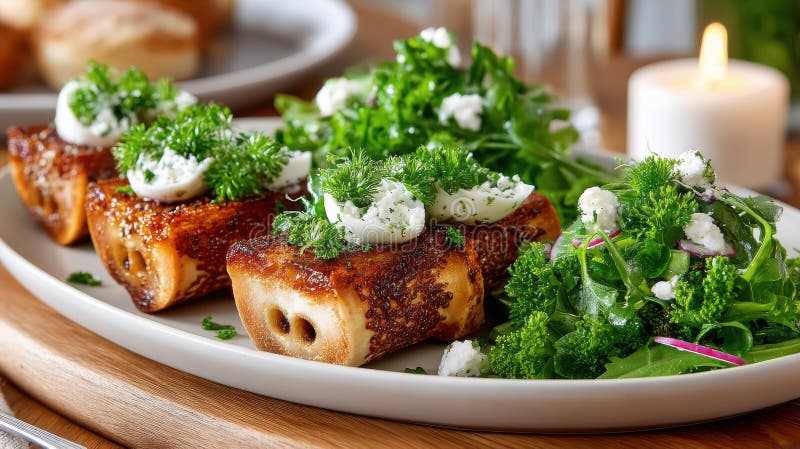 Roasted Marrowbone with Parsley Salad and Artisanal Garnish on White ...